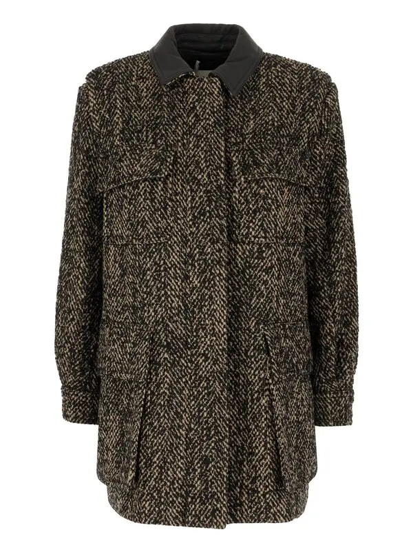 Max Mara Herringbone Tweed Jacket With Leather Collar - Multicolor