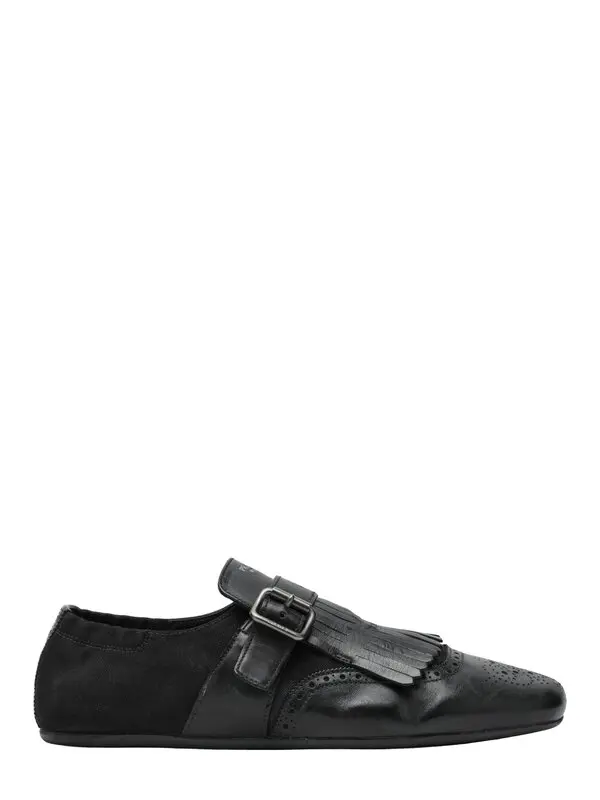 Prada Leather Fringe Buckle Shoes - Black