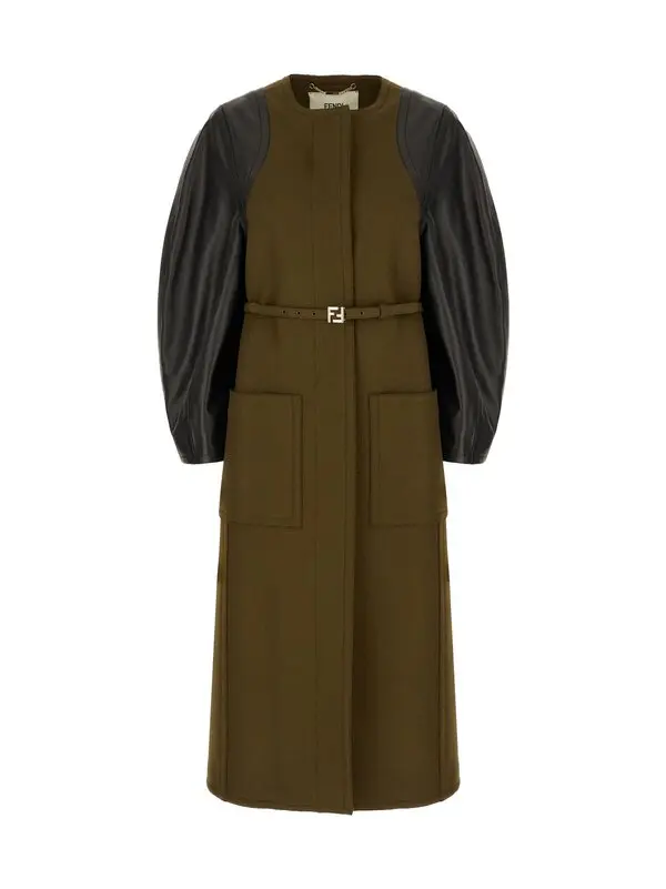 Fendi Belted Wool Coat With Leather Sleeves - Multicolor
