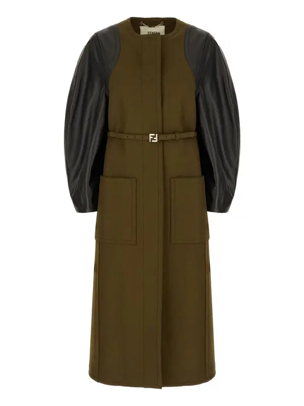 Fendi Belted Wool Coat With Leather Sleeves - Multicolor