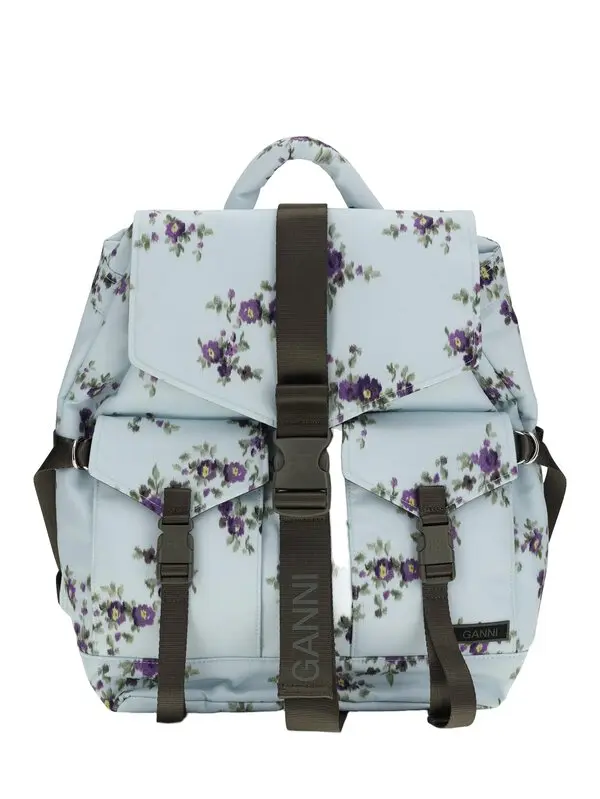 GANNI Re-tech Nylon Backpack With Floral Pattern - Blue