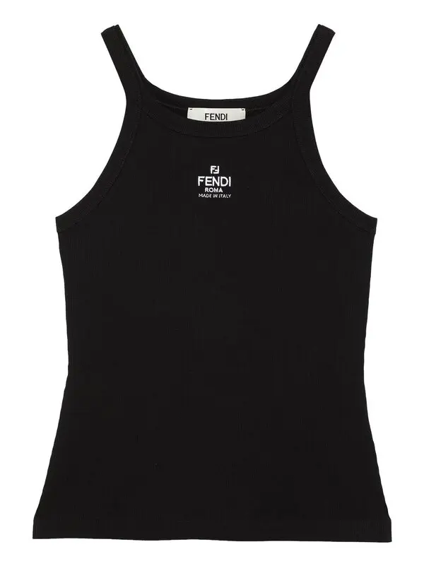 Fendi Ribbed Crewneck Tank Top With Logo Print - Black