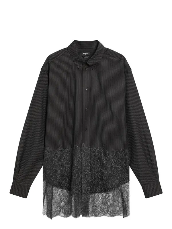 Fendi Espresso Pinstriped Wool Shirt With Lace - Brown