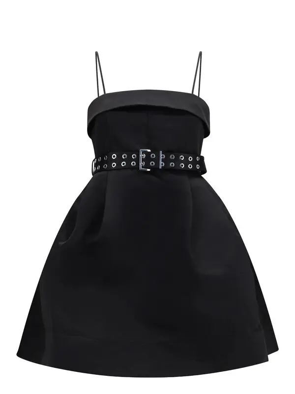 GANNI Short Satin Dress With Full Skirt And Belted Waist - Black