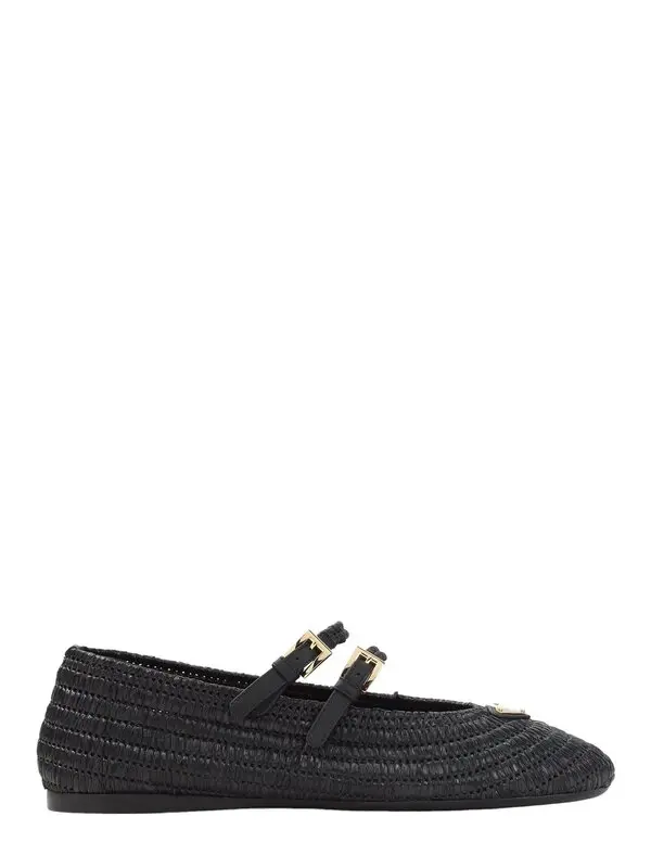 Prada Raffia Ballerinas With Metallic Logo - Black
