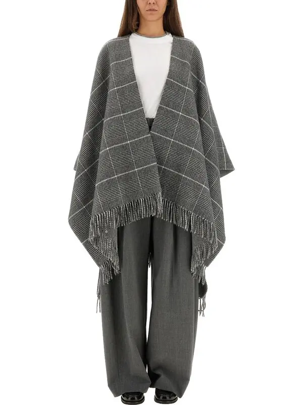 Brunello Cucinelli Wool Poncho With Fringe Detail - Gray