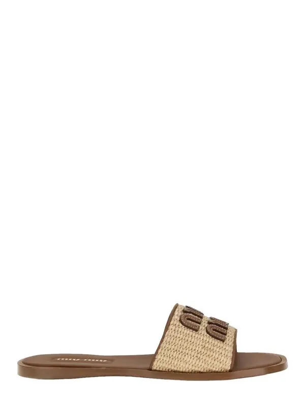 Miu Miu Raffia Slide Sandals With Logo Detailing - Cream