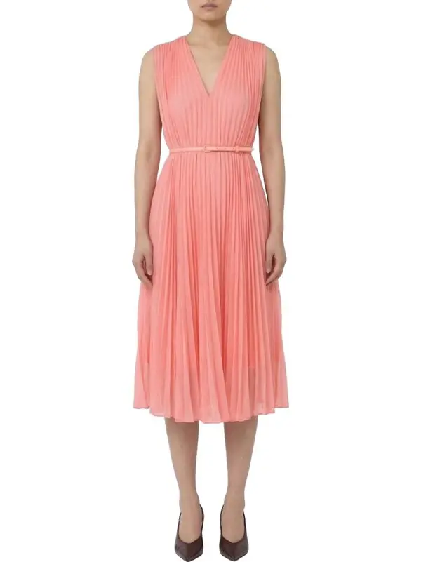 Max Mara Pleated V-neck Dress With Belt - Pink