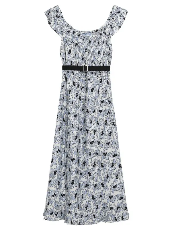 Prada Floral Print Silk Midi Dress - Blue