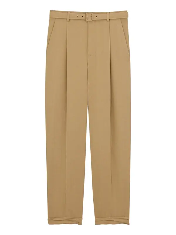 Saint Laurent High-waisted Tailored Wool Trousers With Belt - Cream