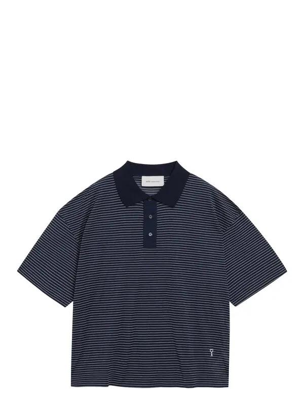 AMI Paris Blue/white Striped De Coeur Polo - Black