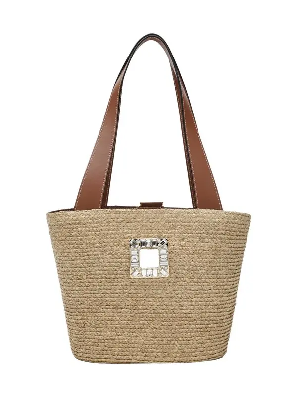 ROGER VIVIER Raffia Shopping Bag With Crystal Buckle - Cream