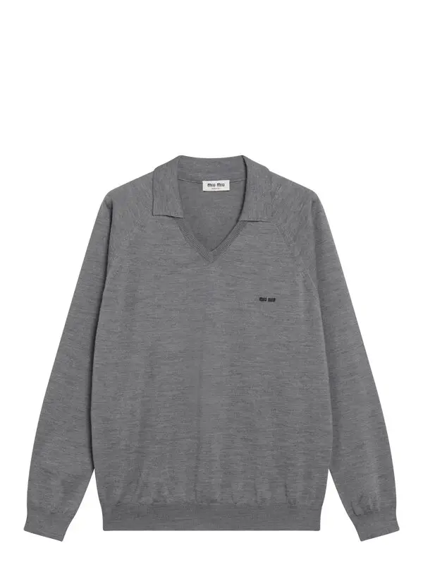 Miu Miu Wool Polo Sweater With Intarsia Logo - Gray