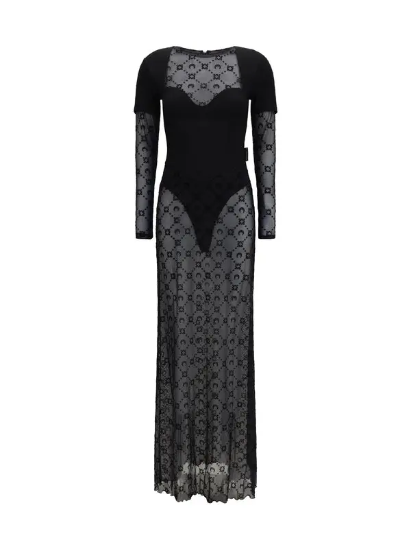 MARINE SERRE Layered Long Dress In Jersey And Mesh - Black