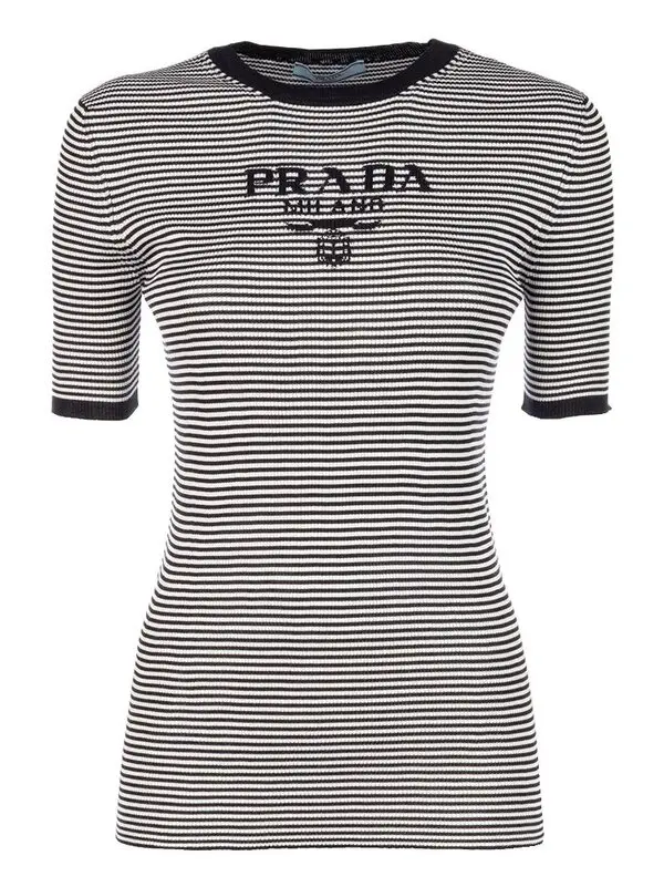 Prada Ribbed Striped T-shirt With Logo - Multicolor