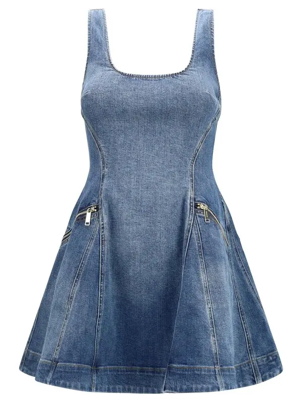 SELF-PORTRAIT Denim Flared Mini Dress With Exposed Zip - Blue