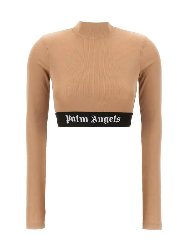 Palm Angels Cropped Ribbed Turtleneck With Logo Band - Multicolor