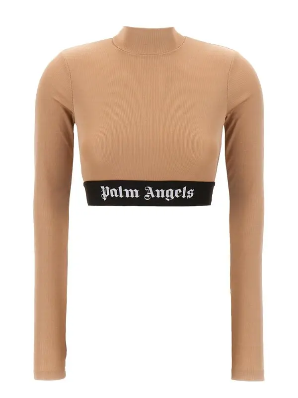 Palm Angels Cropped Ribbed Turtleneck With Logo Band - Multicolor
