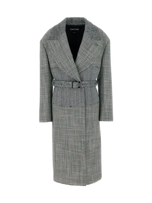 TOM FORD Houndstooth Patterned Belted Coat - Multicolor
