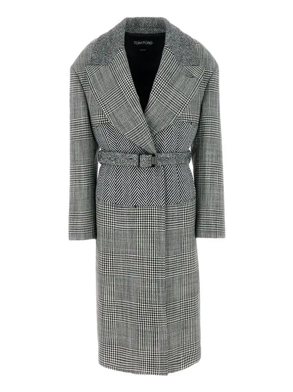 TOM FORD Houndstooth Patterned Belted Coat - Multicolor