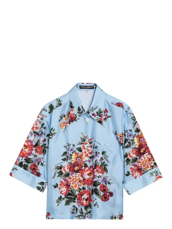 Dolce & Gabbana Silk Twill Floral Print Shirt - Blue