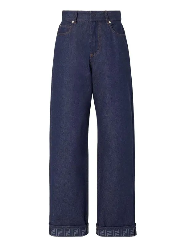 Fendi Wide Leg Denim Jeans With Ff Detail - Blue