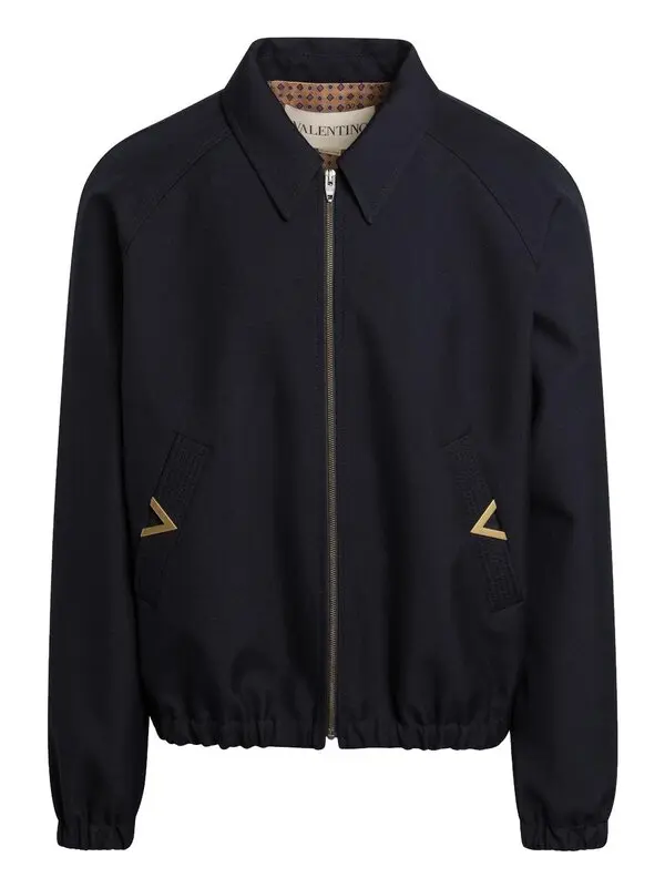 Valentino Garavani Navy Wool Blend Bomber Jacket With Vgold Pockets - Blue