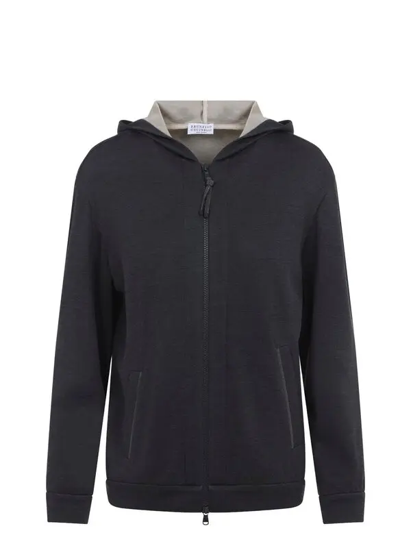 Brunello Cucinelli Carbone" Cotton Blend Hooded Full Zip Cardigan - Gray
