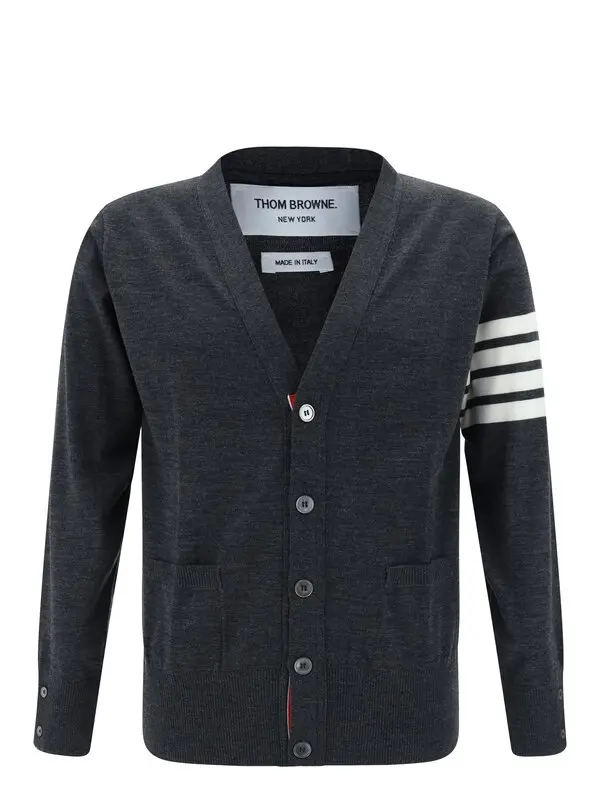 Thom Browne V-neck Cardigan With Striped Cuffs - Gray
