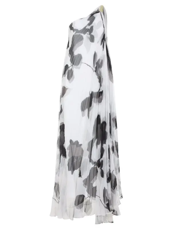 Max Mara Fuggito Pleated Floral Print One-shoulder Dress - White