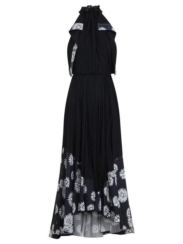 LANVIN Floral Print Charmeuse & Cotton Poplin Dress - Black