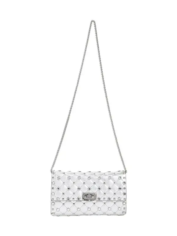 Valentino Garavani Quilted Crystal Embellished Leather Shoulder Bag - Silver