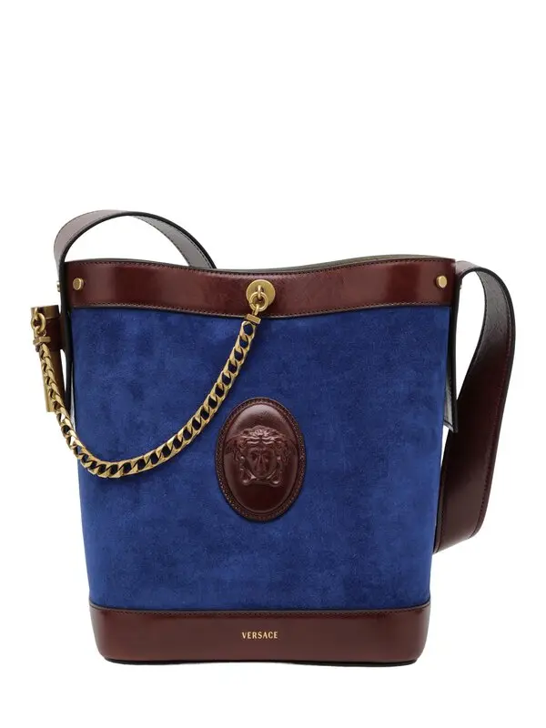 Versace Small Pivot Bucket Bag In Suede And Leather - Blue