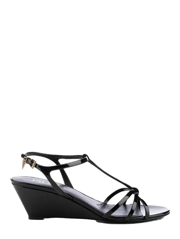 Prada Black Patent Leather Wedge Sandals With T-bar Strap Detailing - Multicolor
