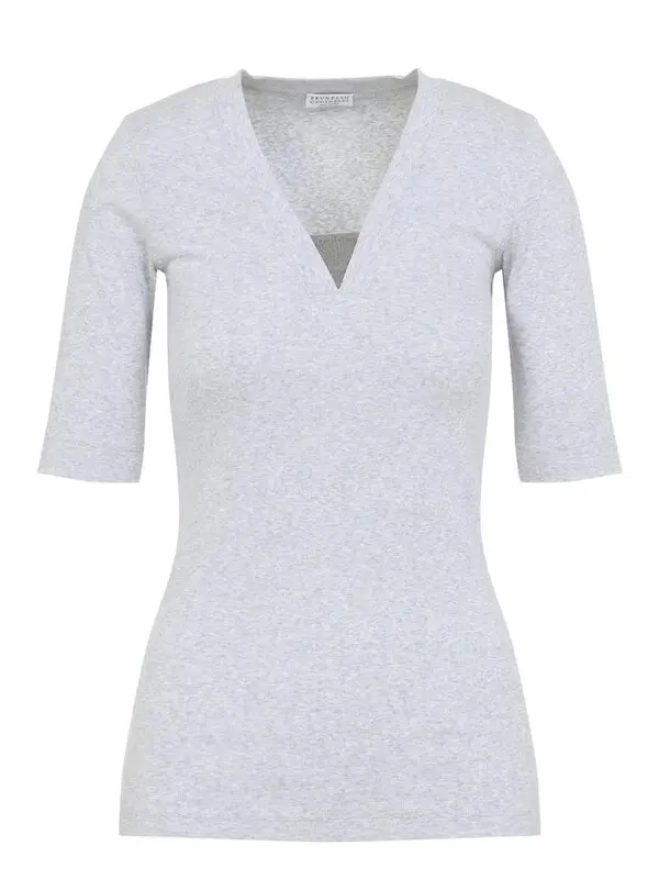 Brunello Cucinelli Ribbed V-neck T-shirt - Gray
