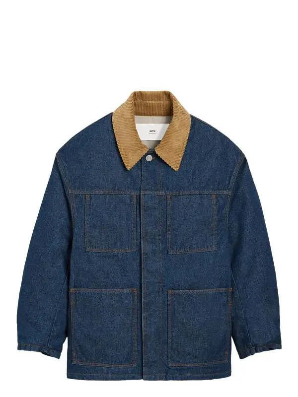 Ami Worker Denim Jacket With Corduroy Collar - Multicolor