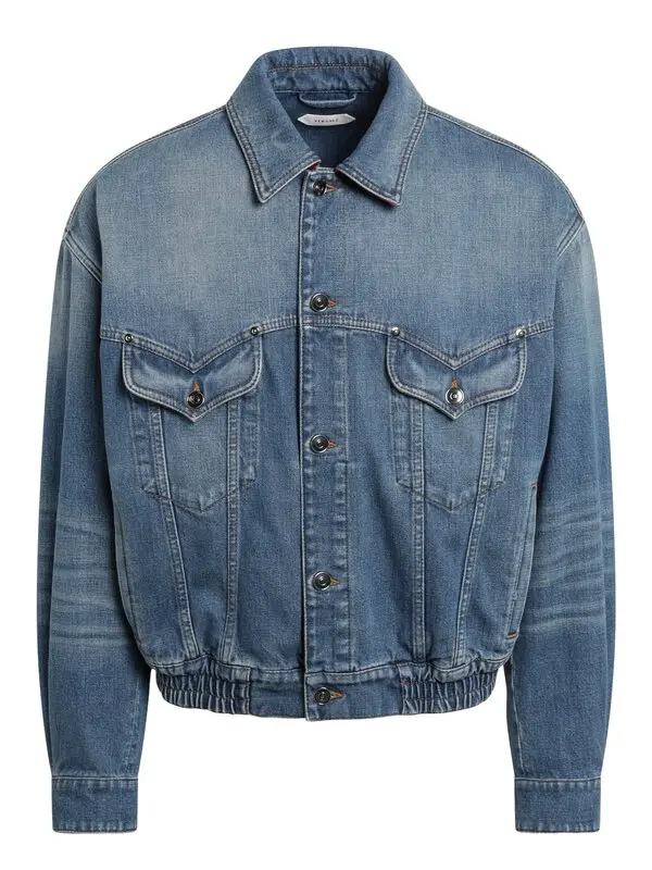 Versace Cotton Denim Jacket With Leather Trim - Blue