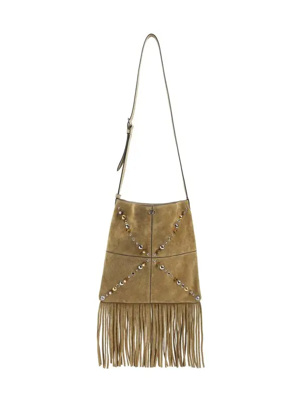 Valentino Garavani Medium Suede Shoulder Bag With Studs And Fringe - Brown