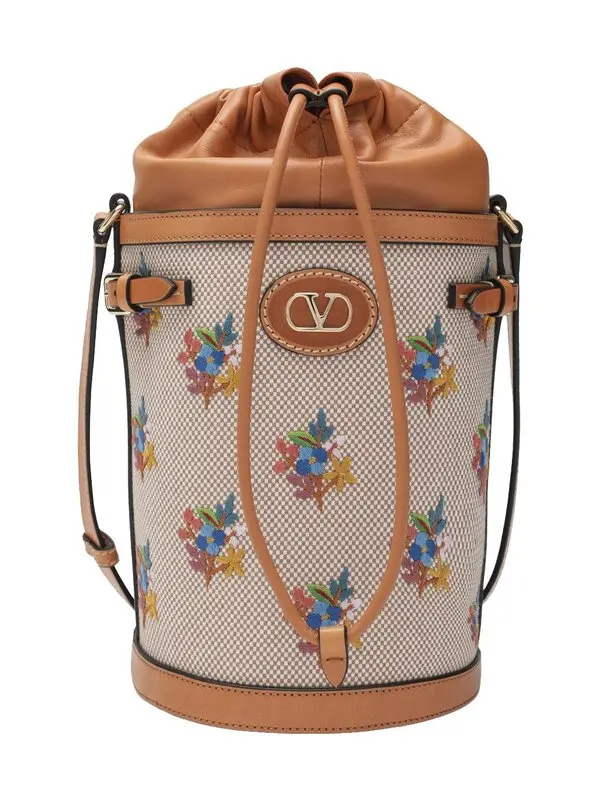 Valentino Garavani Canvas Bucket Bag With Floral Embroidery - Cream