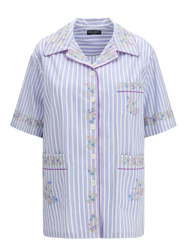 Dolce & Gabbana Striped Embroidered Floral Short-sleeve Shirt - Blue
