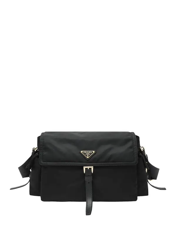 Prada Large Re-nylon Bag With Leather Details - Black