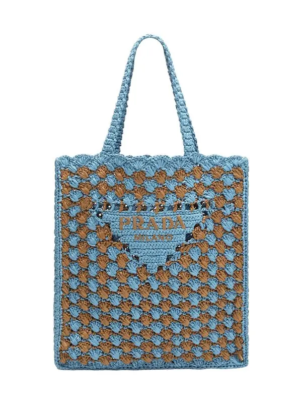 Prada Raffia Crochet Tote Bag With Logo Detail - Multicolor