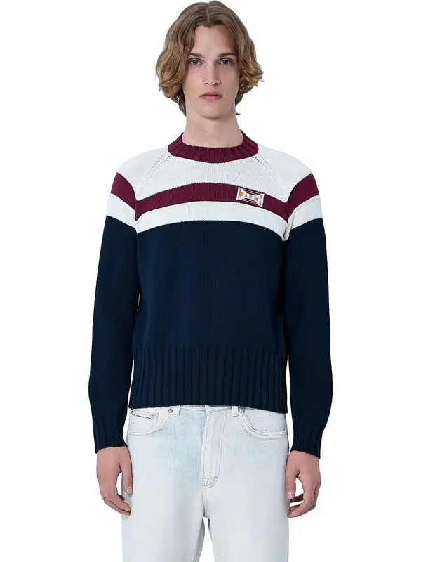 Marni Striped Crew Neck Sweater With Ribbed Trims - Blue