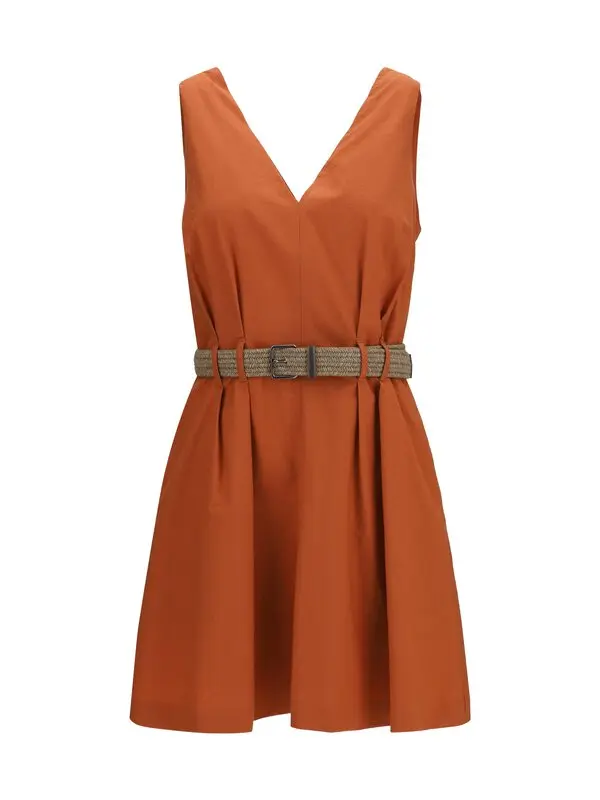 Brunello Cucinelli Pleated Dress With Rope Belt - Orange