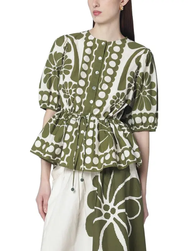 Farm Rio Palermo Printed Cotton Blouse - Green