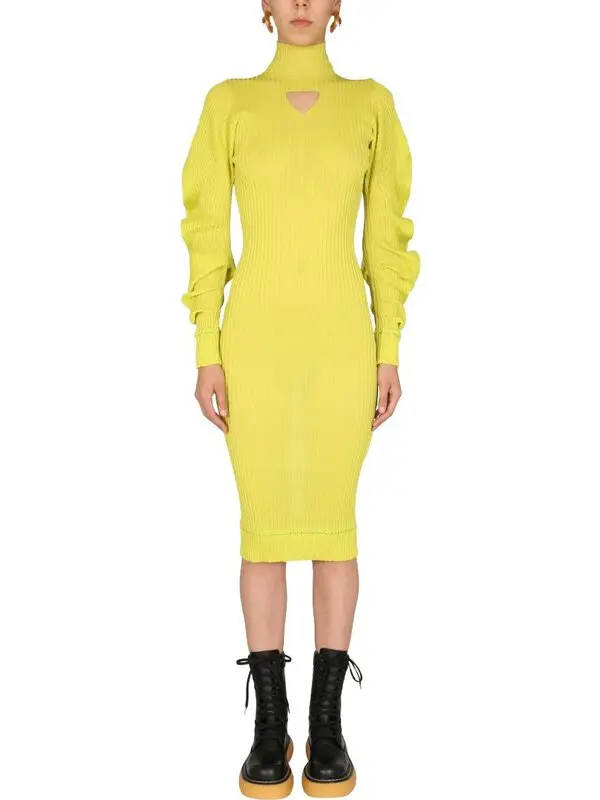 Bottega Veneta Polo Neck Ribbed Silk Dress With Ruched Sleeves - Green