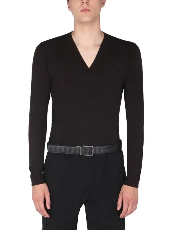 Bottega Veneta V-neck Sweater With Contrast Stitching - Brown