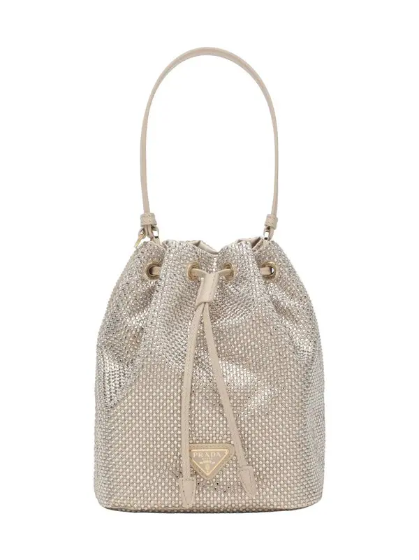 Prada Crystal Embellished Re-nylon Bucket Bag - Cream