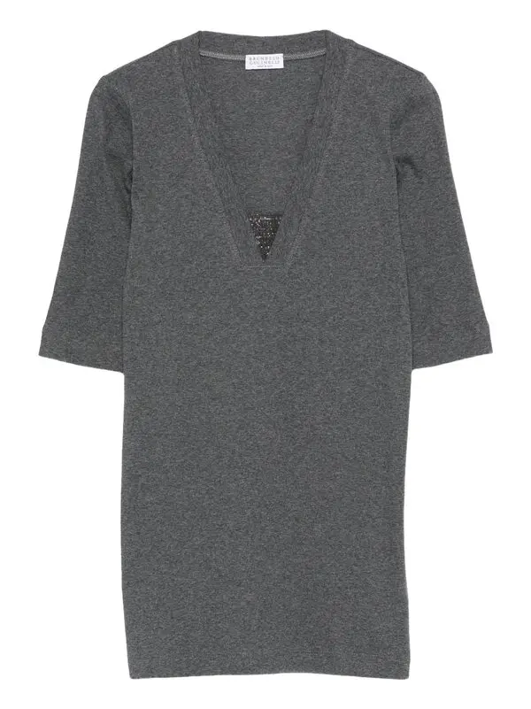 Brunello Cucinelli Grey V-neck Beaded Detail Short Sleeve Sweater - Multicolor