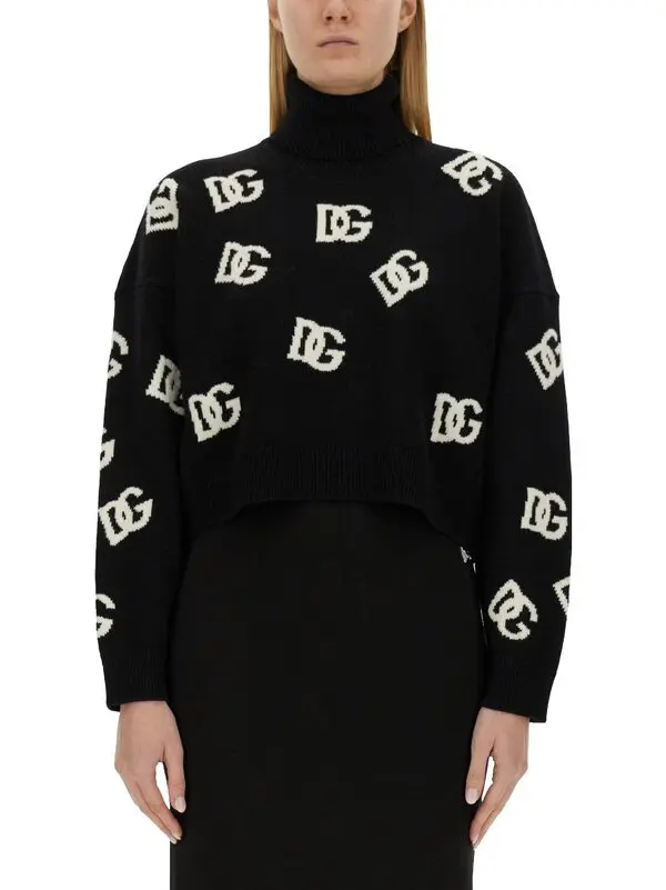 Dolce & Gabbana Cropped Logo Inlay Virgin Wool Sweater - Black